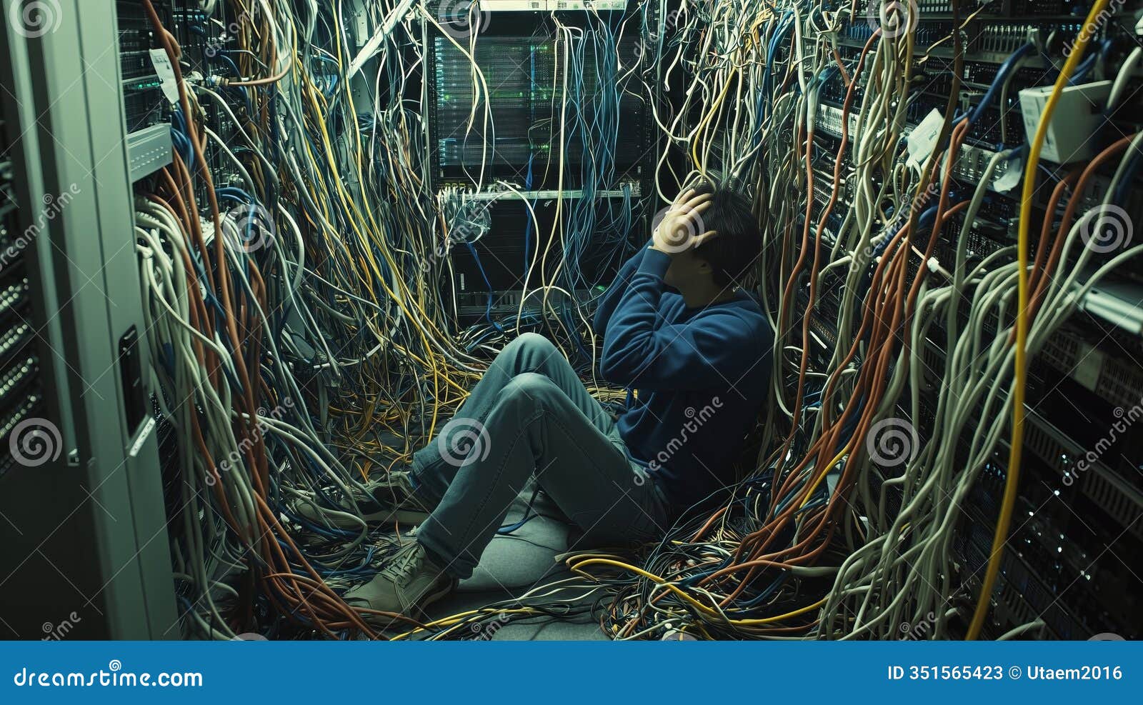 Stressed Technician Holding Head in Hands while Sitting on Floor of ...
