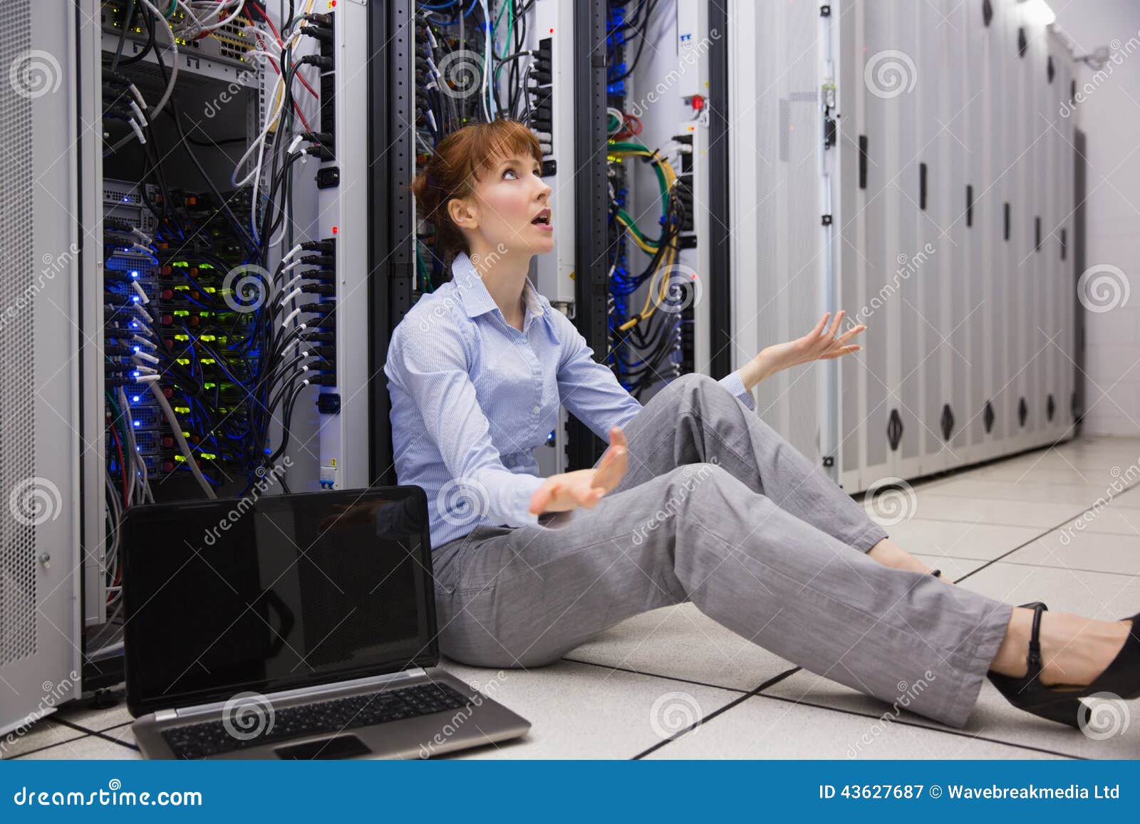 Stressed Technician Sitting on Floor beside Open Server Stock Image ...