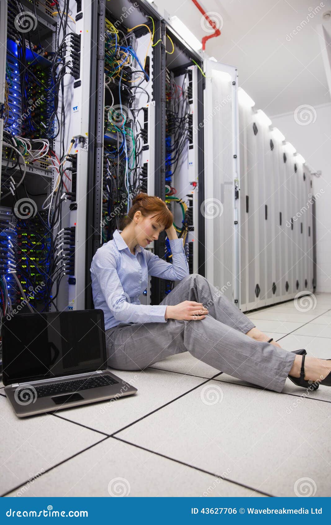 Stressed Technician Sitting on Floor beside Open Server Stock Photo ...
