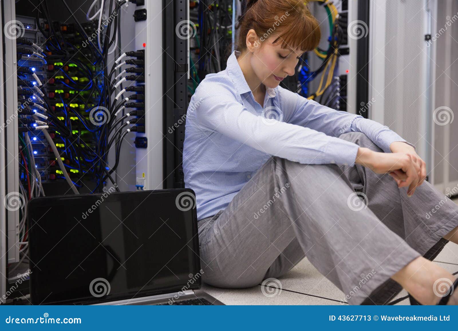 Stressed Technician Sitting on Floor beside Open Server Stock Image ...