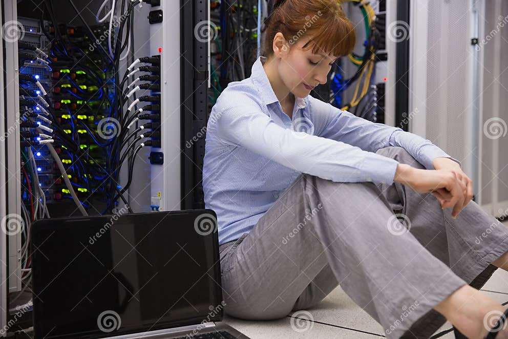 Stressed Technician Sitting on Floor beside Open Server Stock Image ...