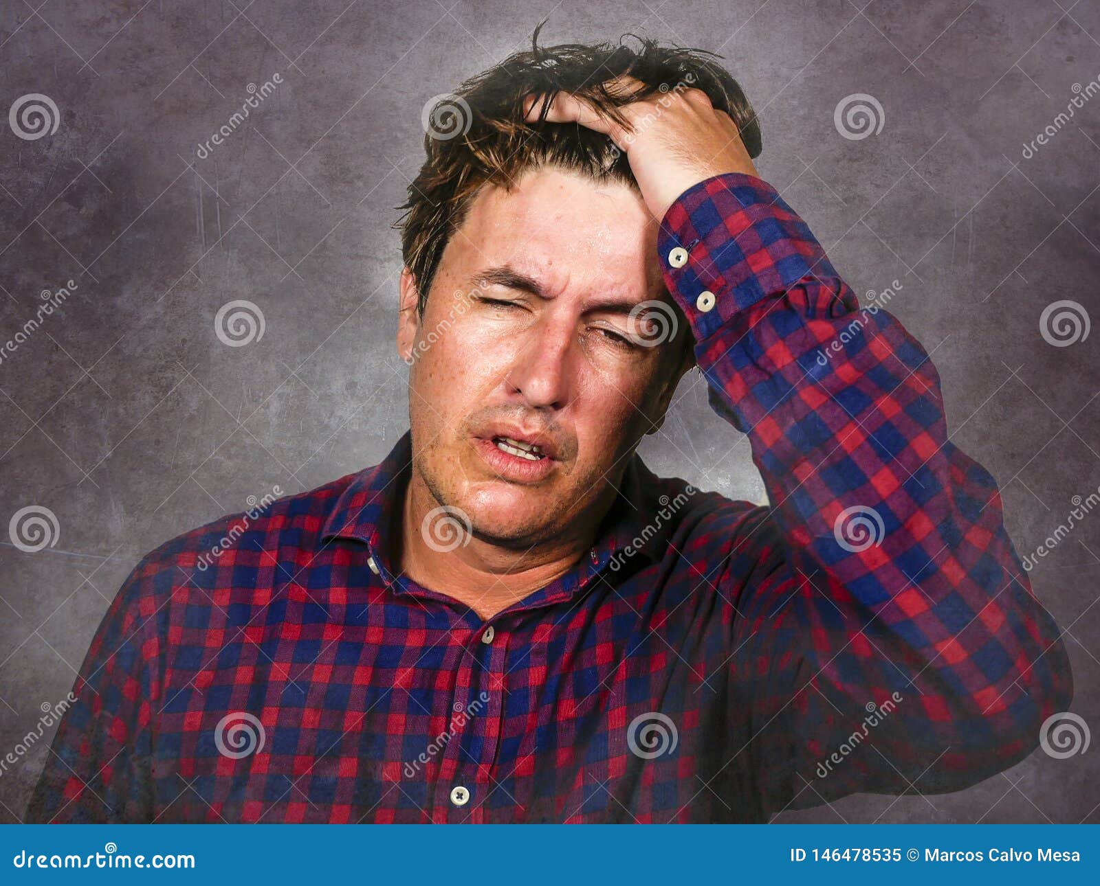 Stressed White Man Holding Head with Hands in Crazy Stress and ...