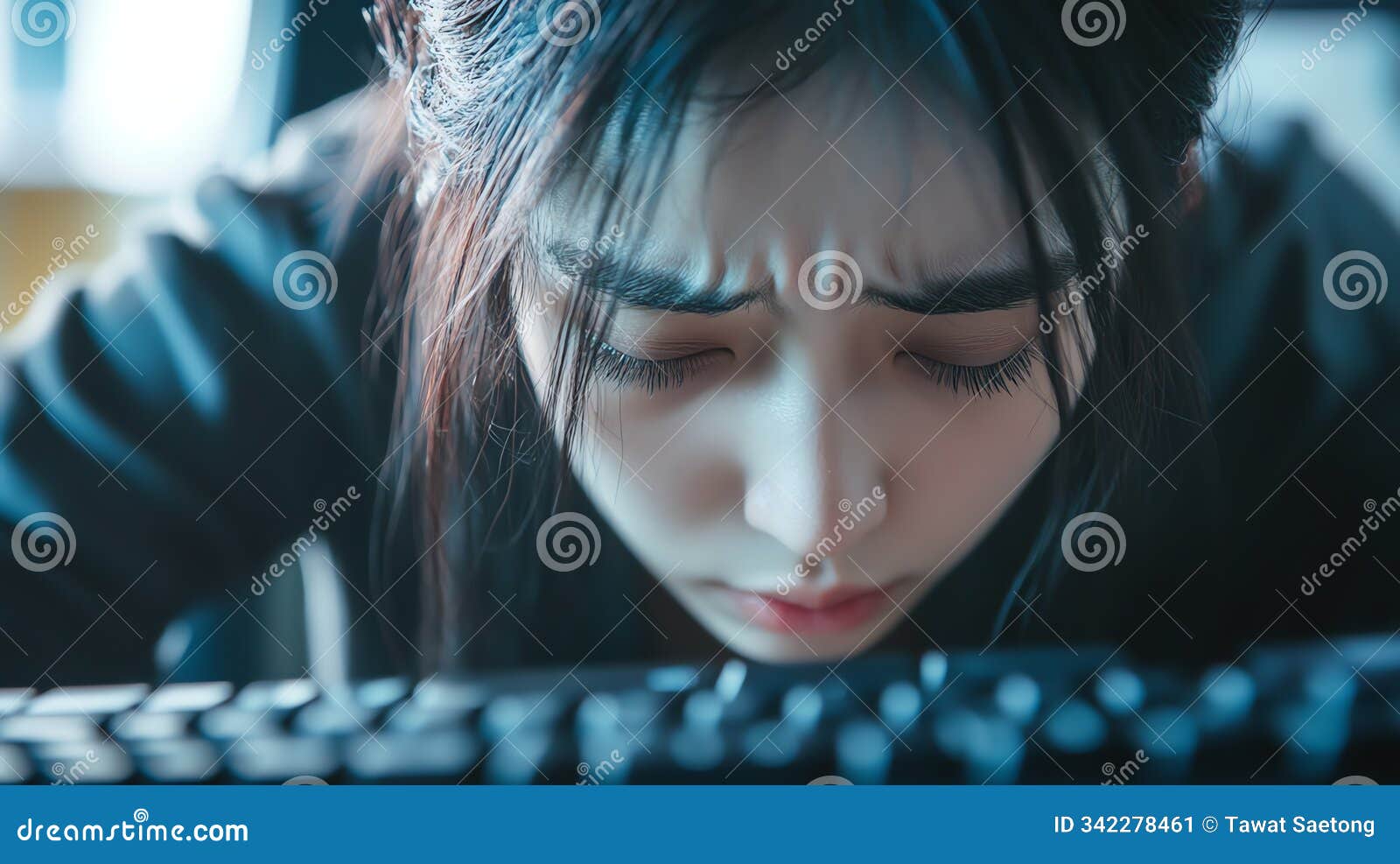 Stressed Woman with Head Down on Keyboard, Deep in Thought Stock ...
