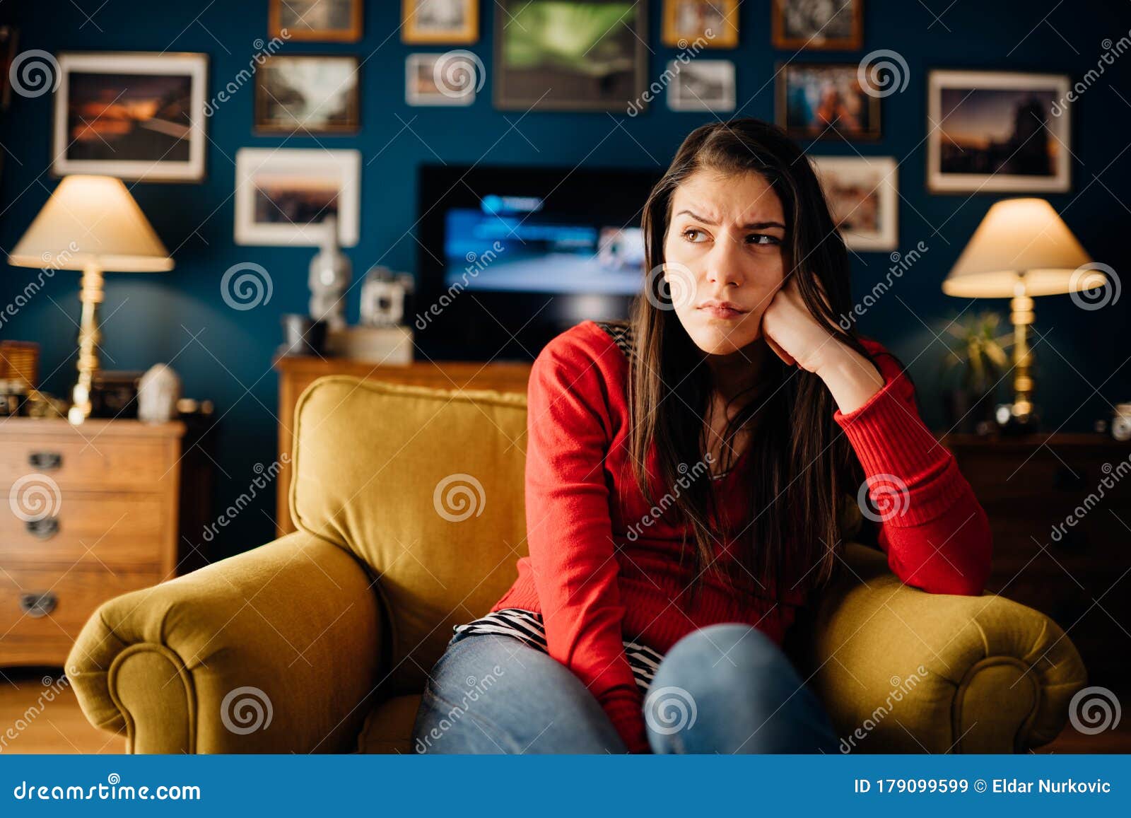 Stressed Woman Overthinking Events Alone at Home.Thinking of Problems ...