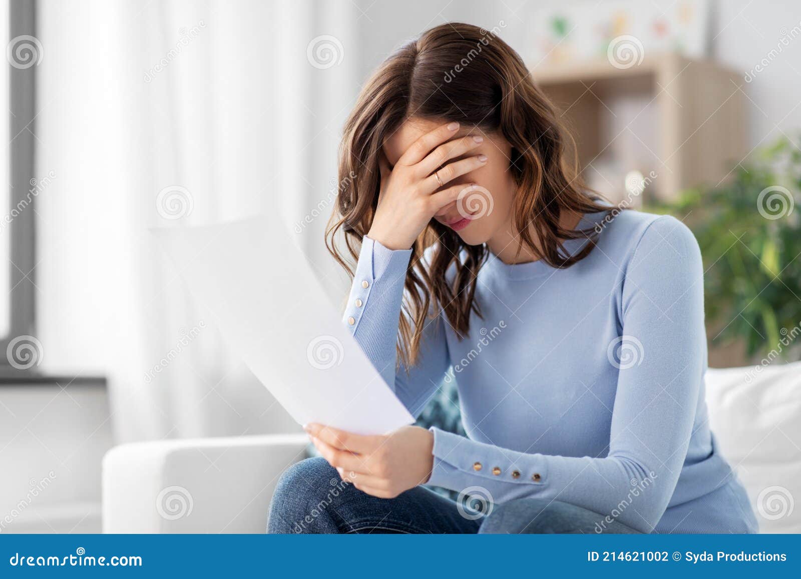 Stressed Woman with Paper Sheet at Home Stock Photo - Image of hispanic ...