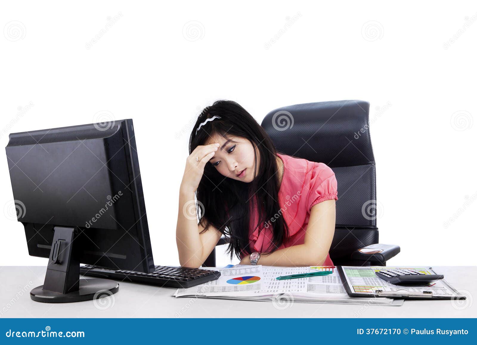 Stressed woman at work stock photo. Image of desk, calculator - 37672170