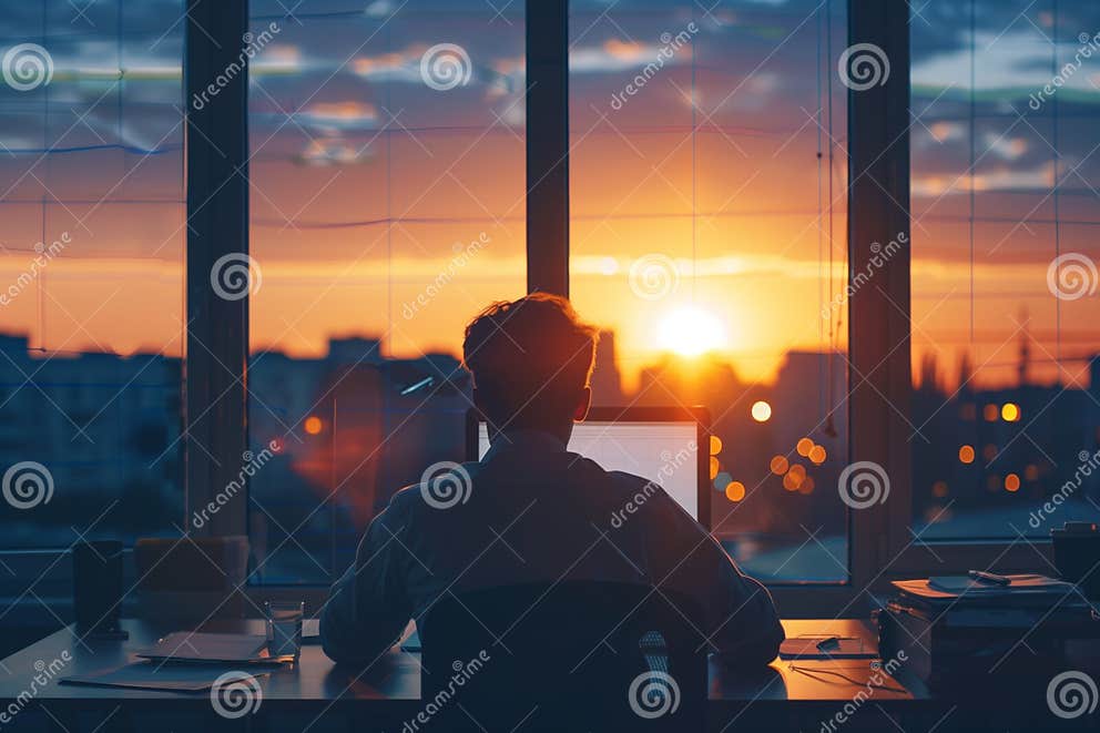 Stressed Worker at Desk, Calming Sunset Light Outside Stock ...
