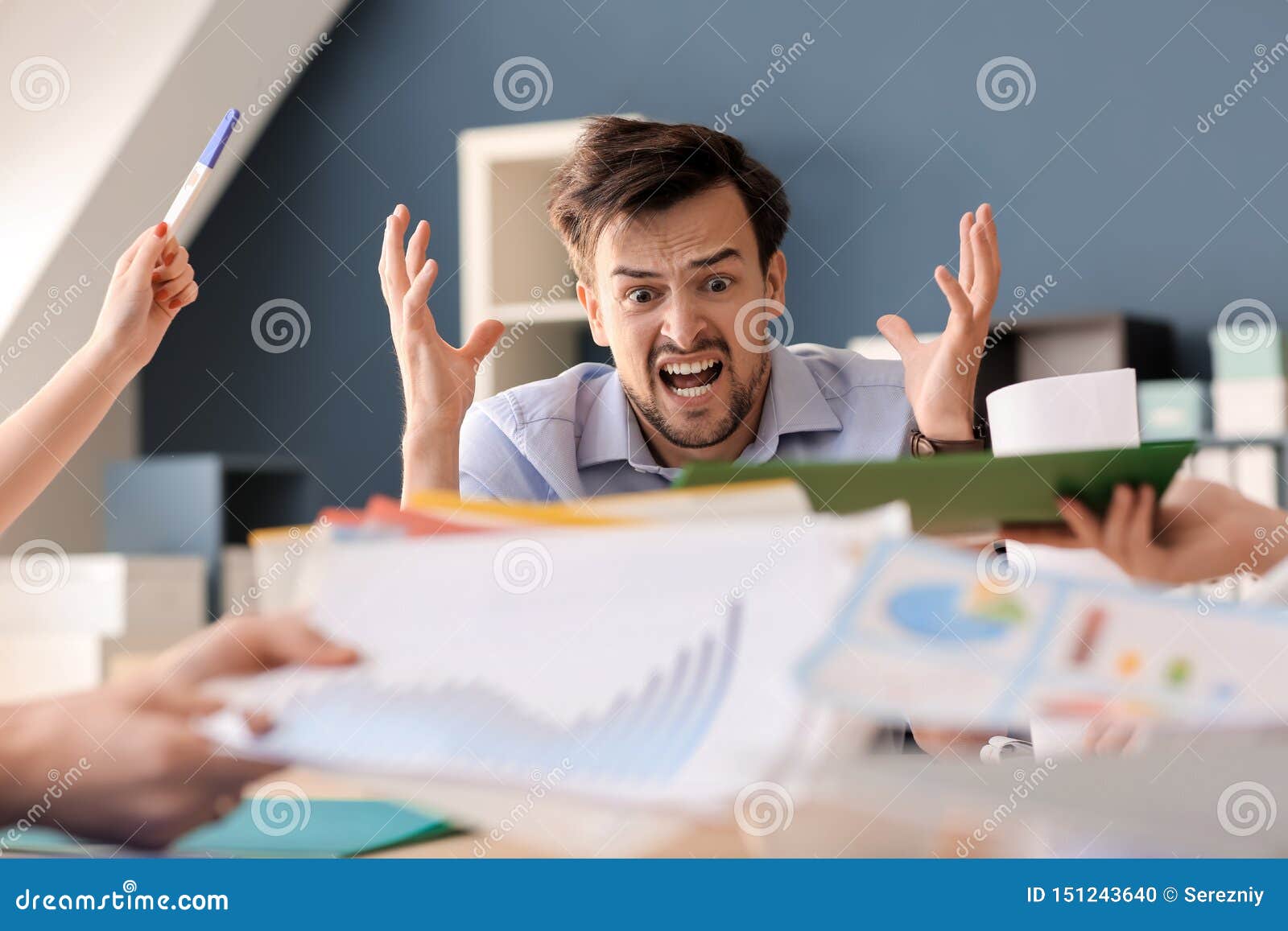 Stressed Worker Sitting at Table in Office Stock Photo - Image of male ...