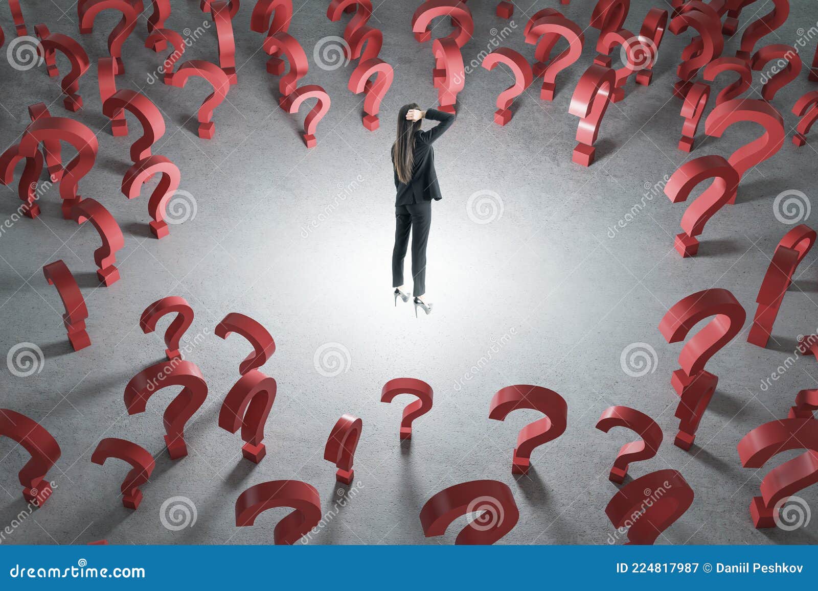 Stressed Businessman with Red Question Marks on Concrete Background ...