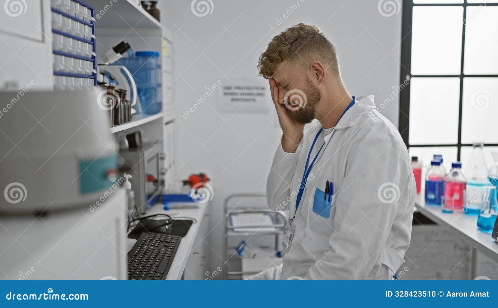 Stressed Young Man in Lab Coat Standing in a Laboratory with His Hand ...