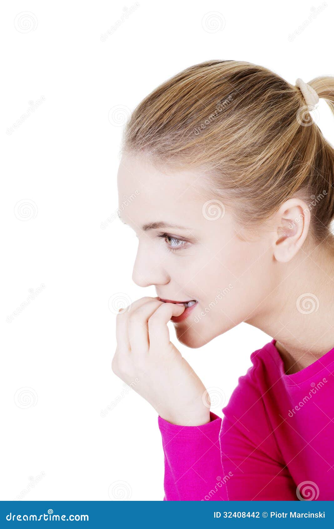Stressed Young Woman Eating Her Nails Stock Photo - Image of casual ...