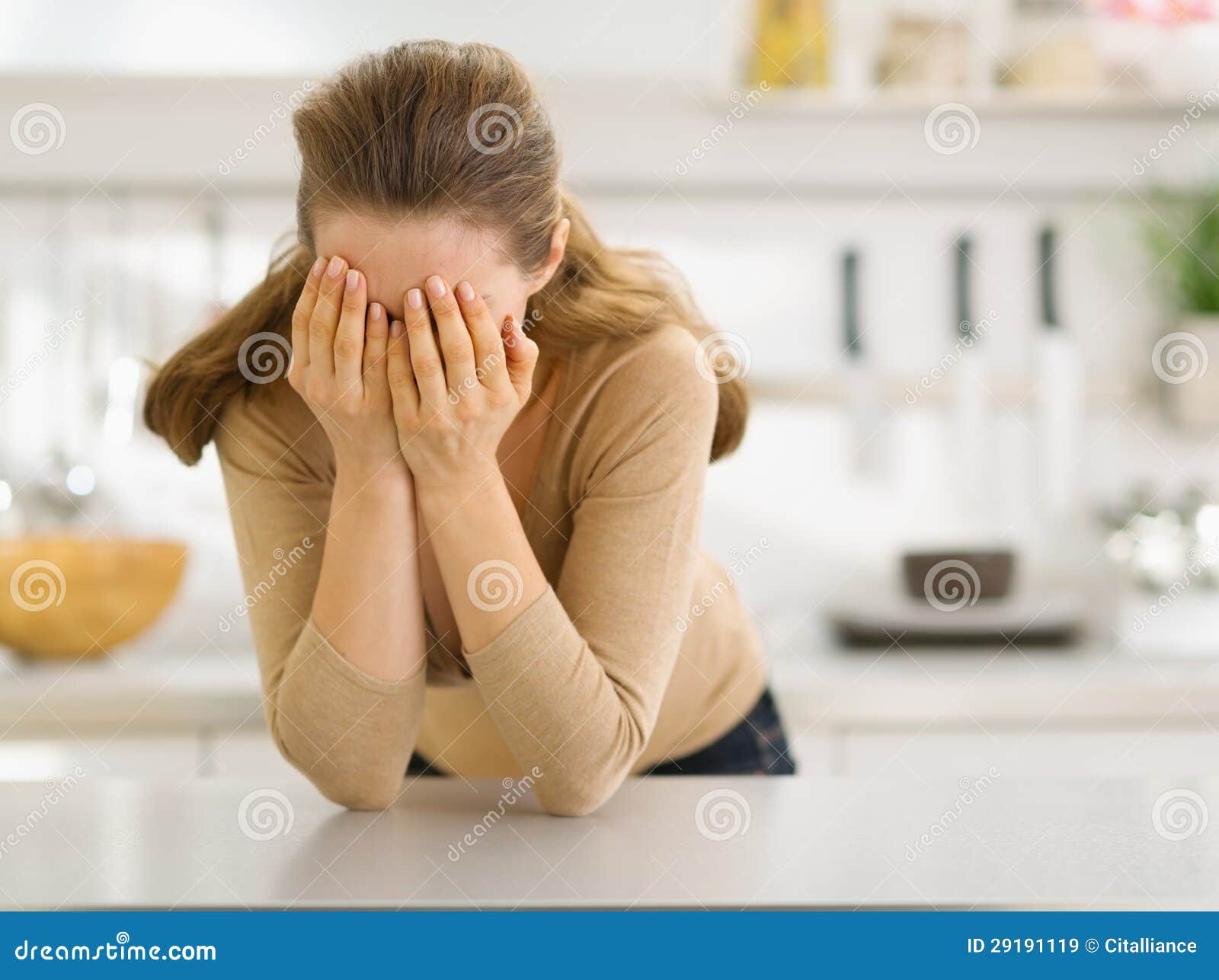 Stressed Young Woman in Kitchen Stock Image - Image of depression ...