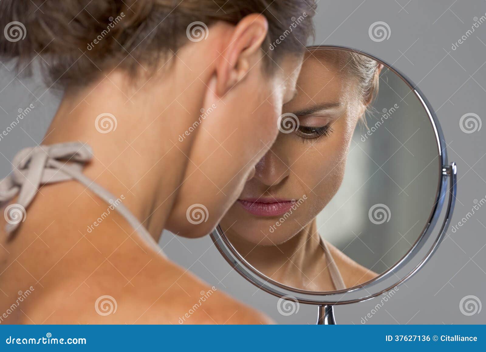 Stressed Young Woman Looking in Mirror Stock Photo - Image of beautiful ...