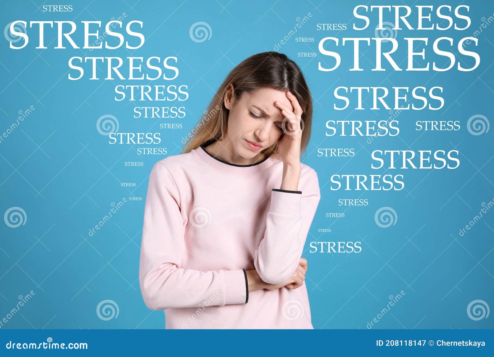 Stressed Young Woman and Text on Blue Background Stock Image - Image of ...