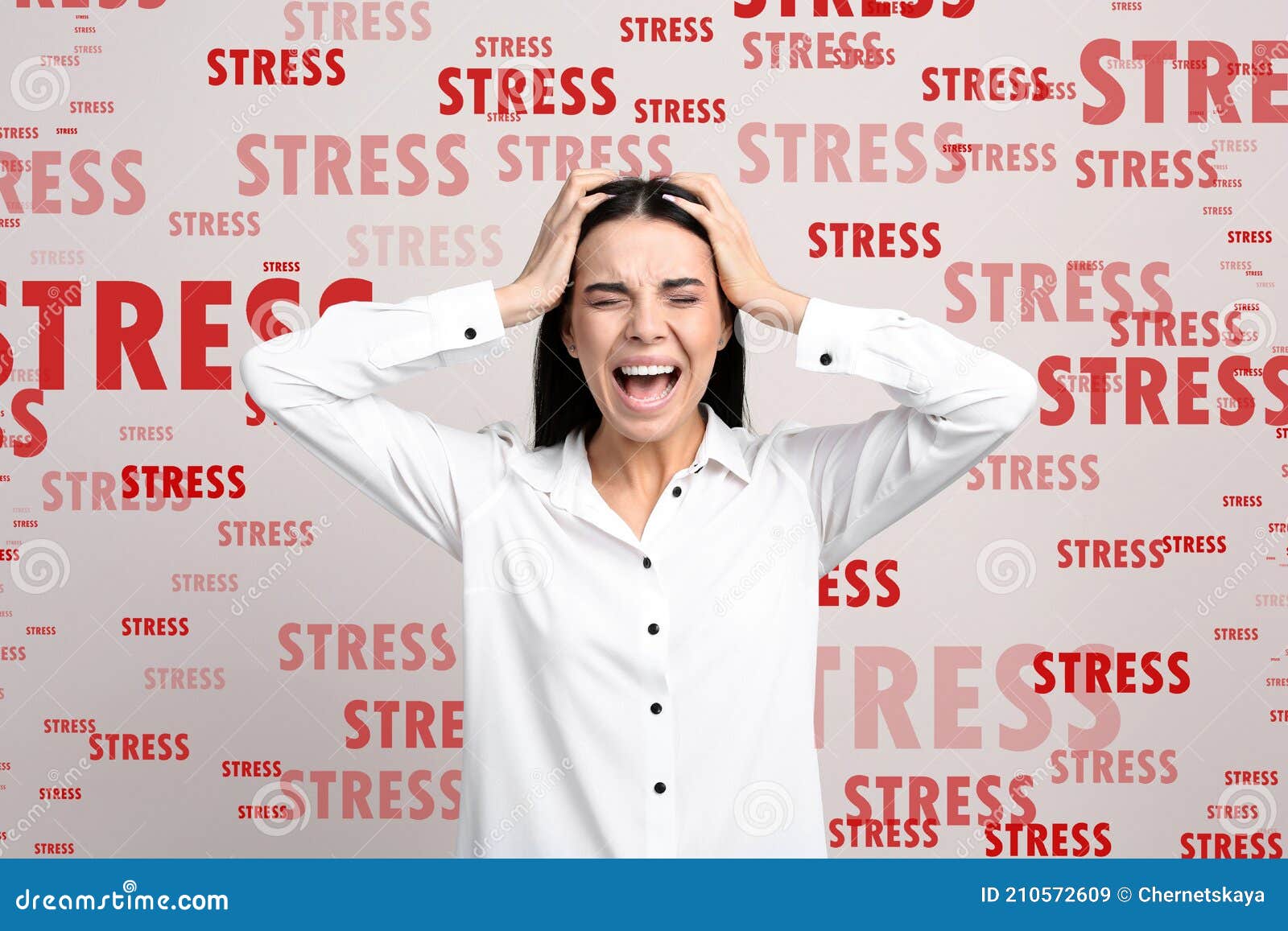 Stressed Young Woman and Text on Light Background Stock Image - Image ...