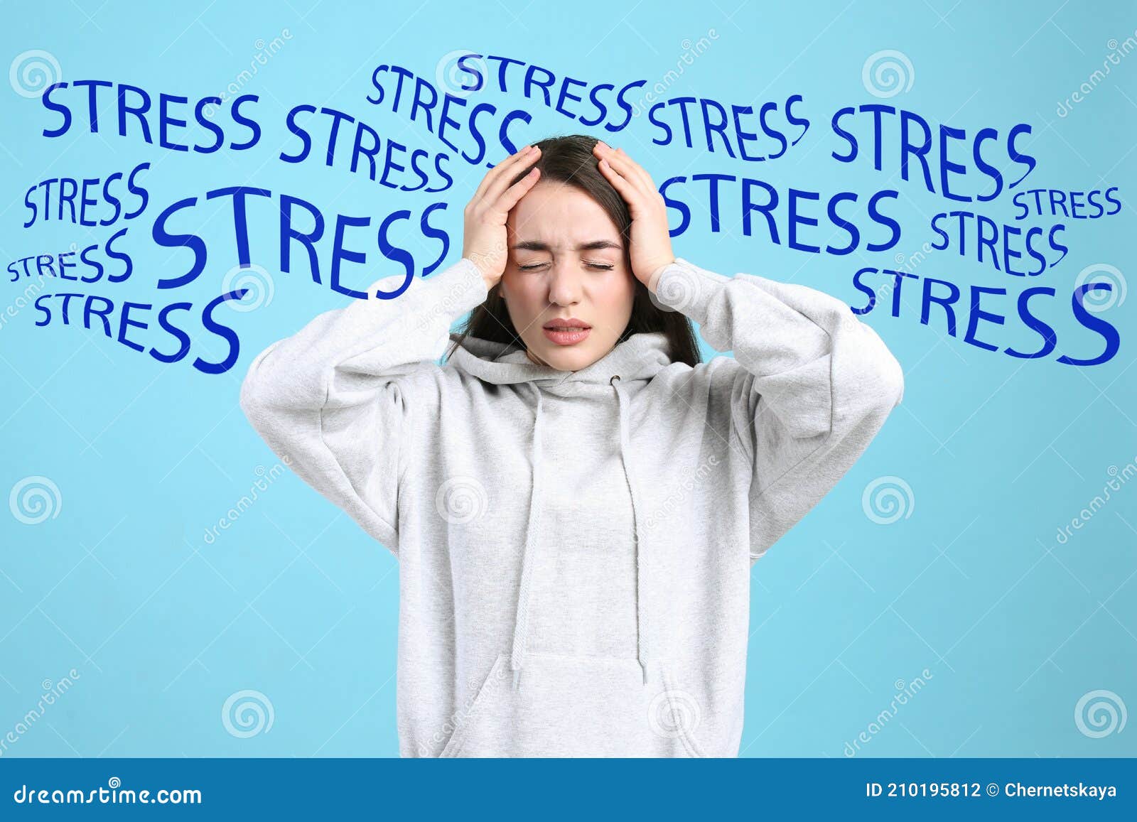Stressed Young Woman and Text on Light Blue Background Stock Photo ...