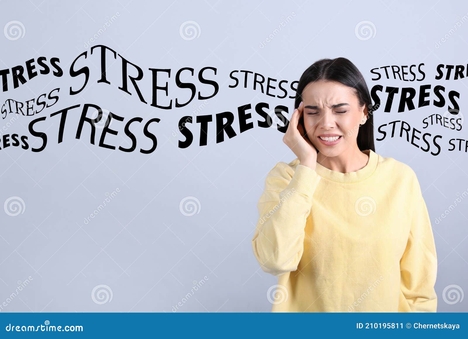 Stressed Young Woman and Text on Light Grey Background Stock Image ...