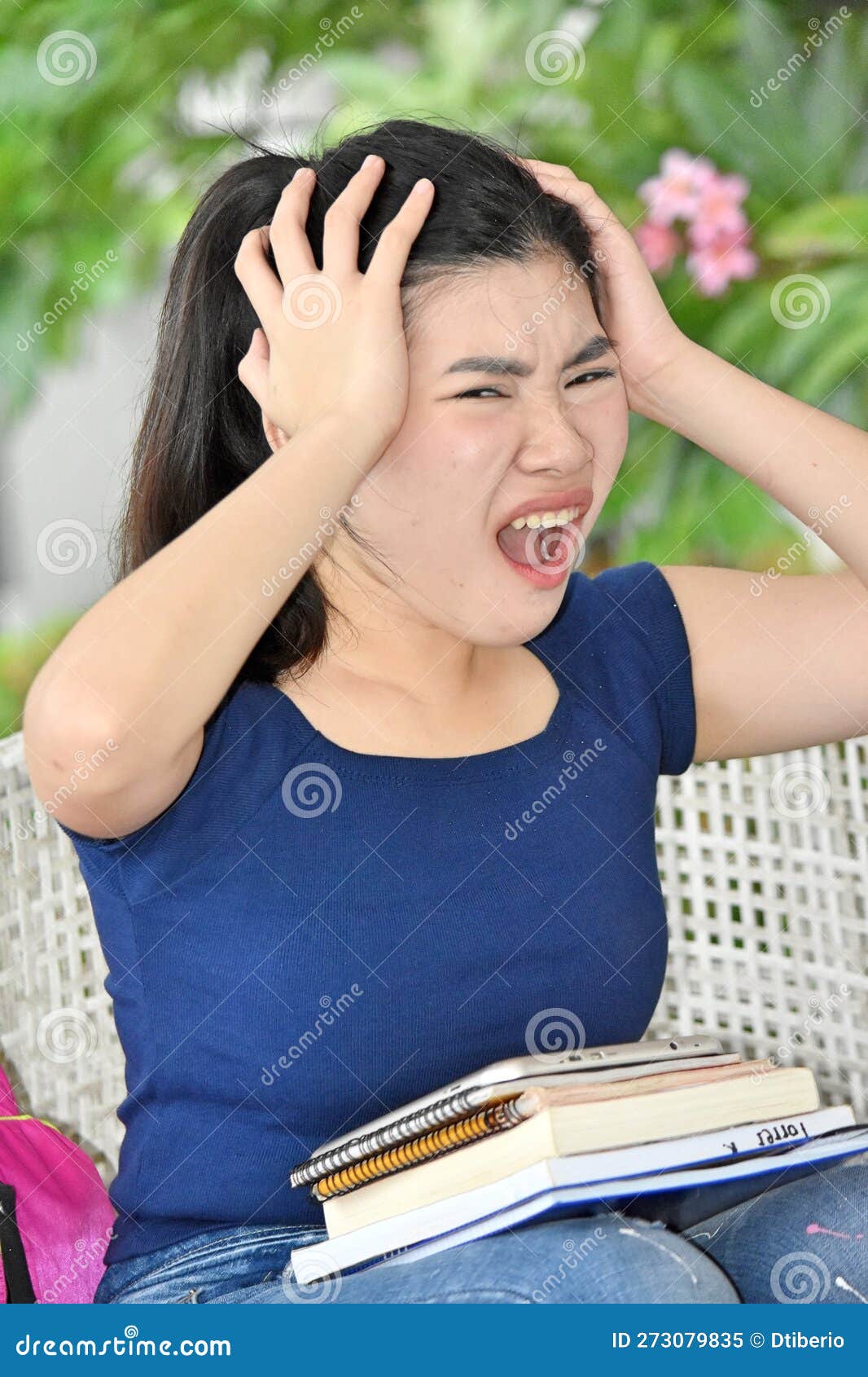 Stressful Chinese Female Student with Notebooks Stock Image - Image of ...