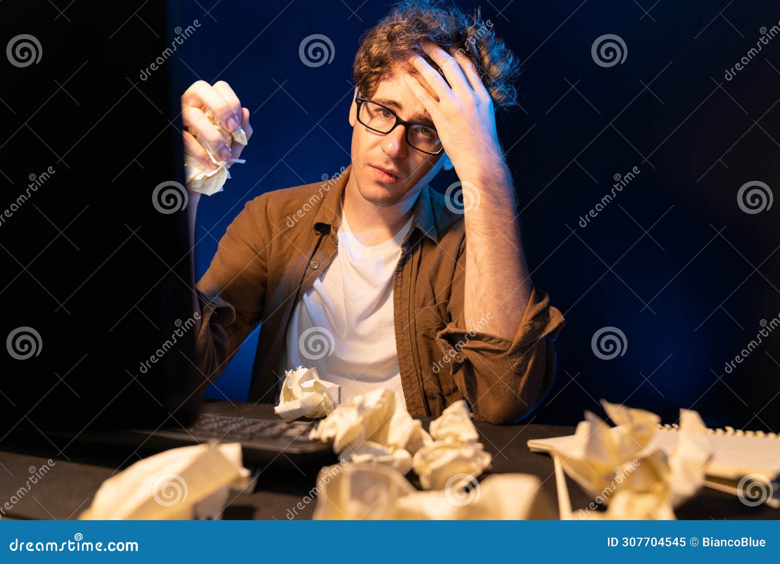 Stressful Creative Working Overworked Project Surrounded Crumpled Paper ...