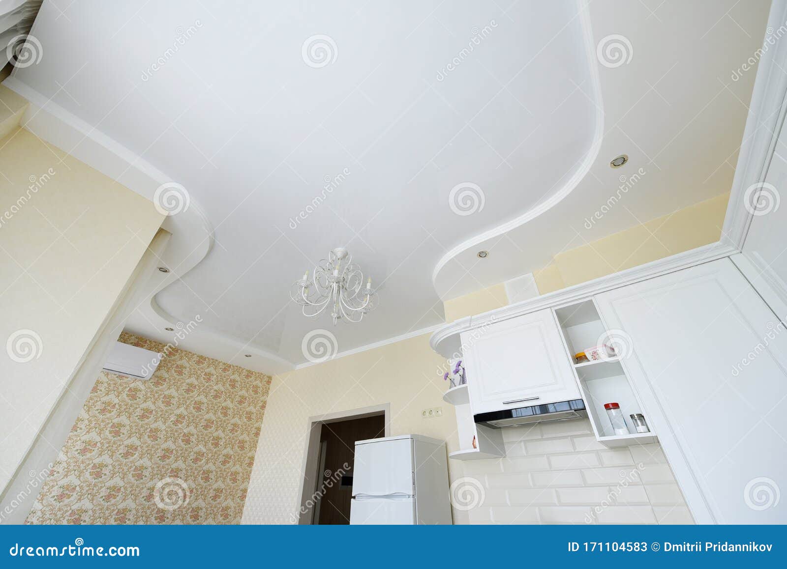 Stretch Ceiling in the Kitchen. Stretch Ceiling White and Complex Shape ...
