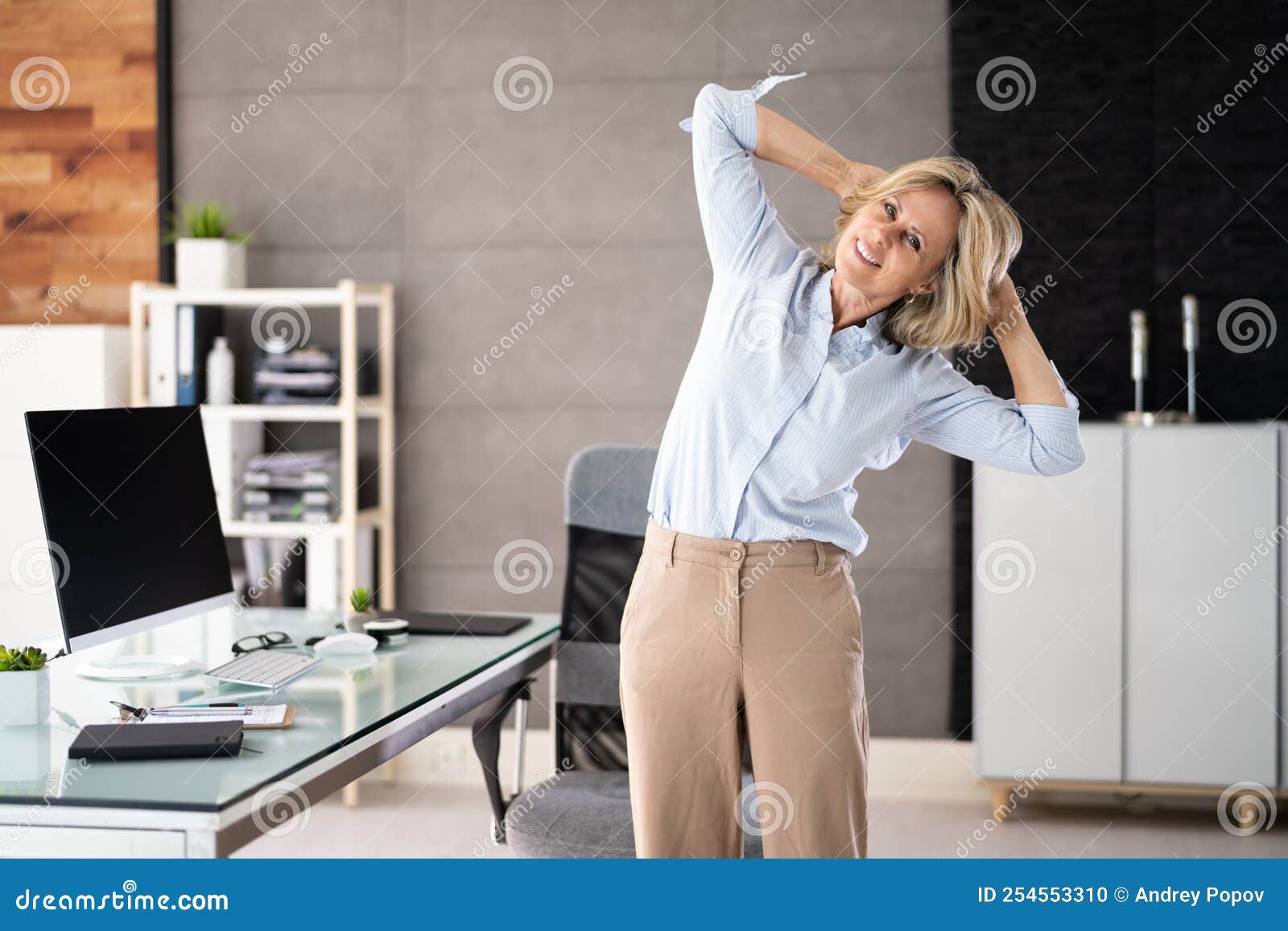 Stretching Office Workout. Desk Stretch Exercise Stock Photo - Image of ...