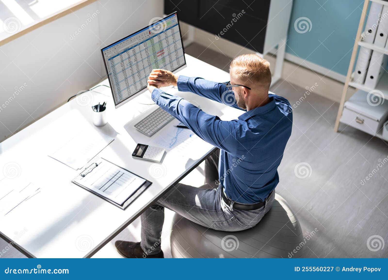 Stretching Office Workout. Desk Stretch Exercise Stock Image - Image of ...