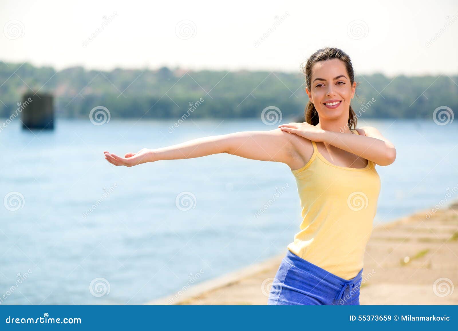 Stretching by the River stock image. Image of sports - 55373659