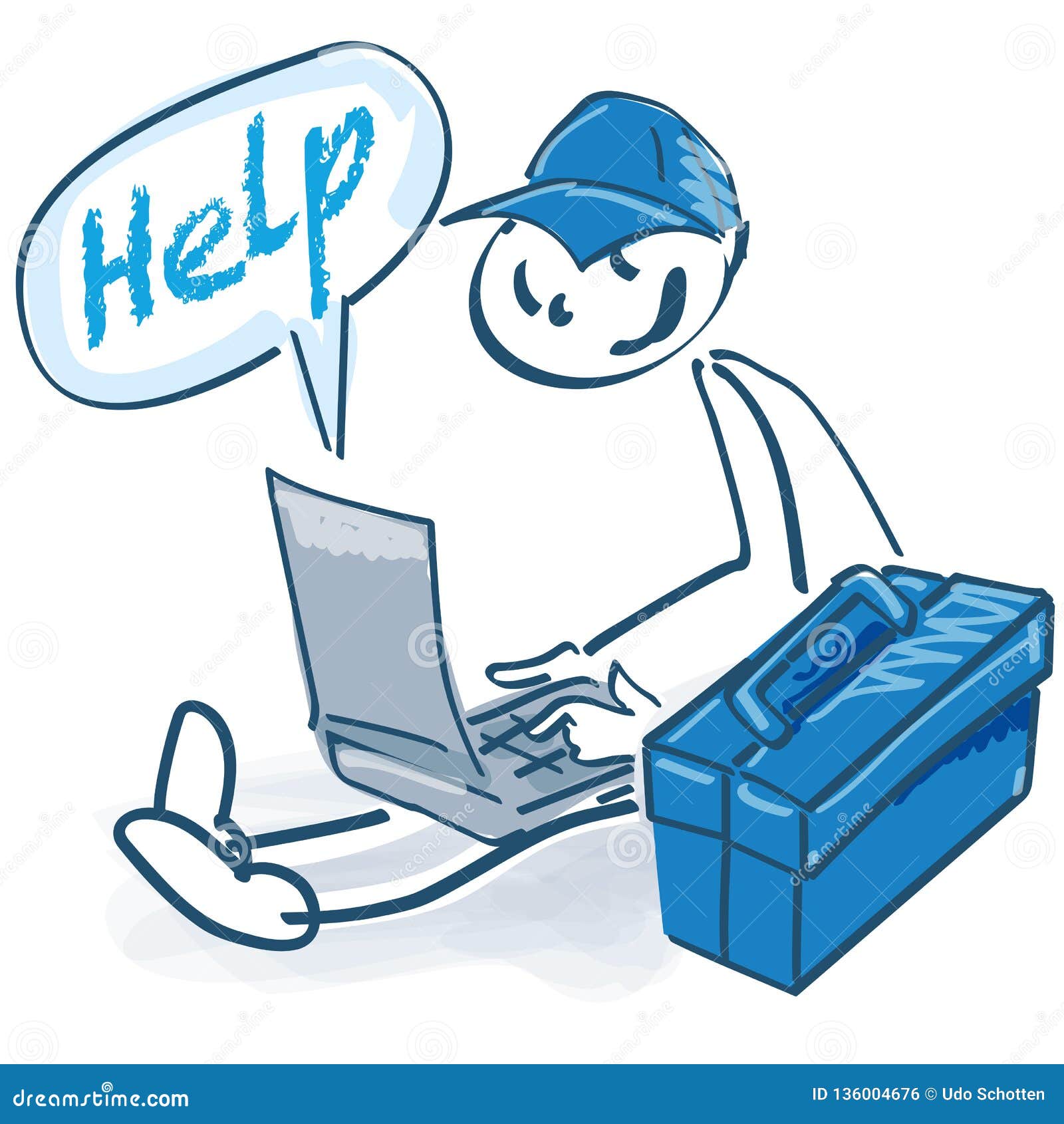Stick Figure As a Craftsman with Toolbox, Laptop and Help Stock Vector ...