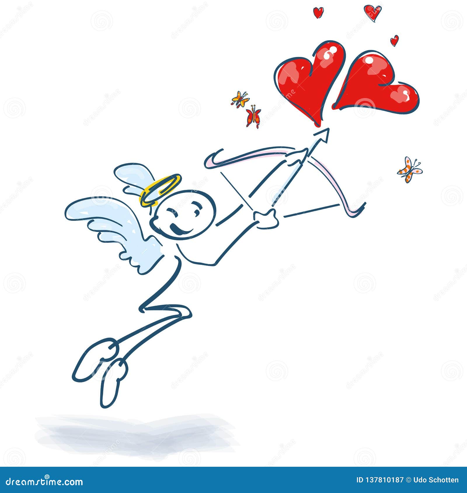 Stick Figure Shoots As a Cupid with Bow and Arrow on Two Hearts Stock ...