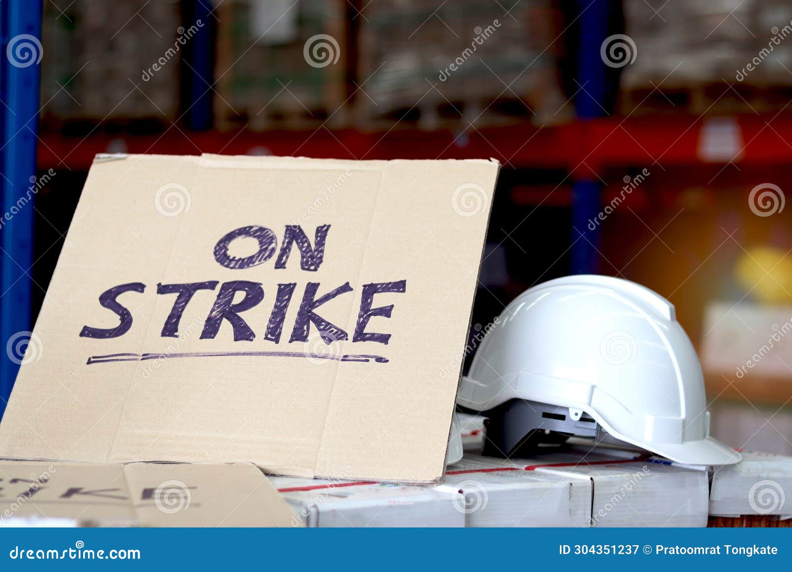 On Strike Banner Placard with White Worker Helmet at Cargo Logistic ...