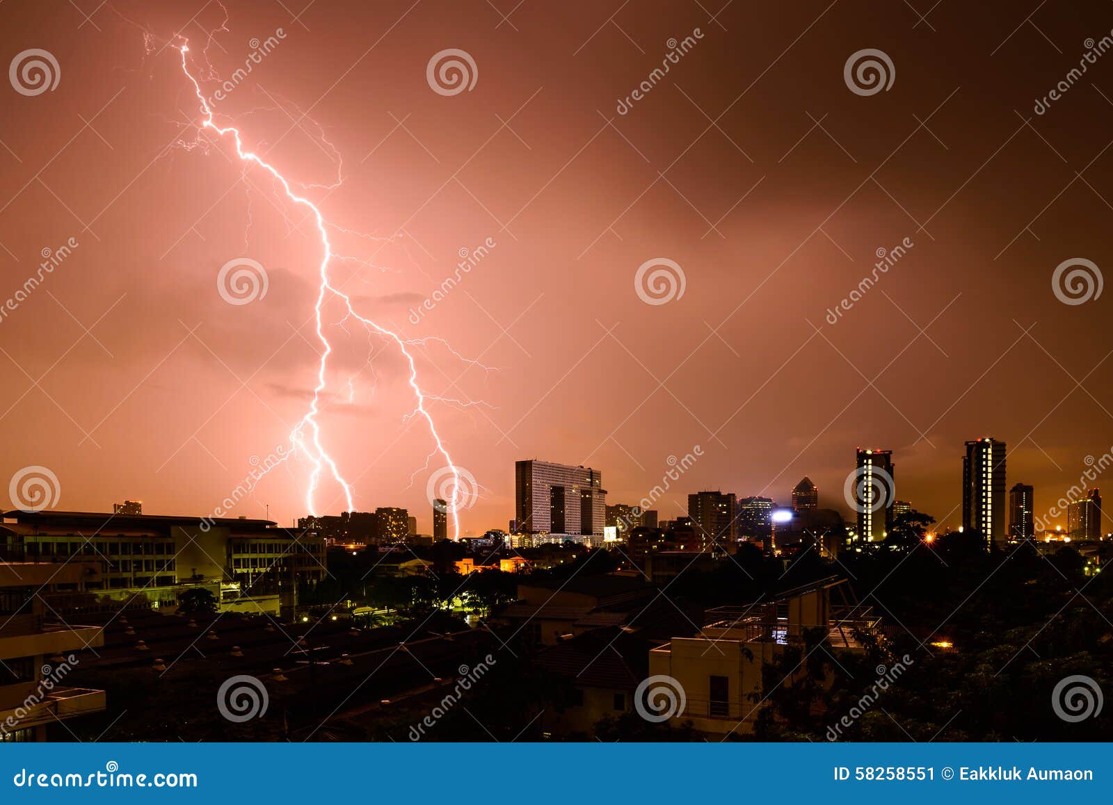 Strike of Lightning into Building in City Stock Image - Image of nature ...