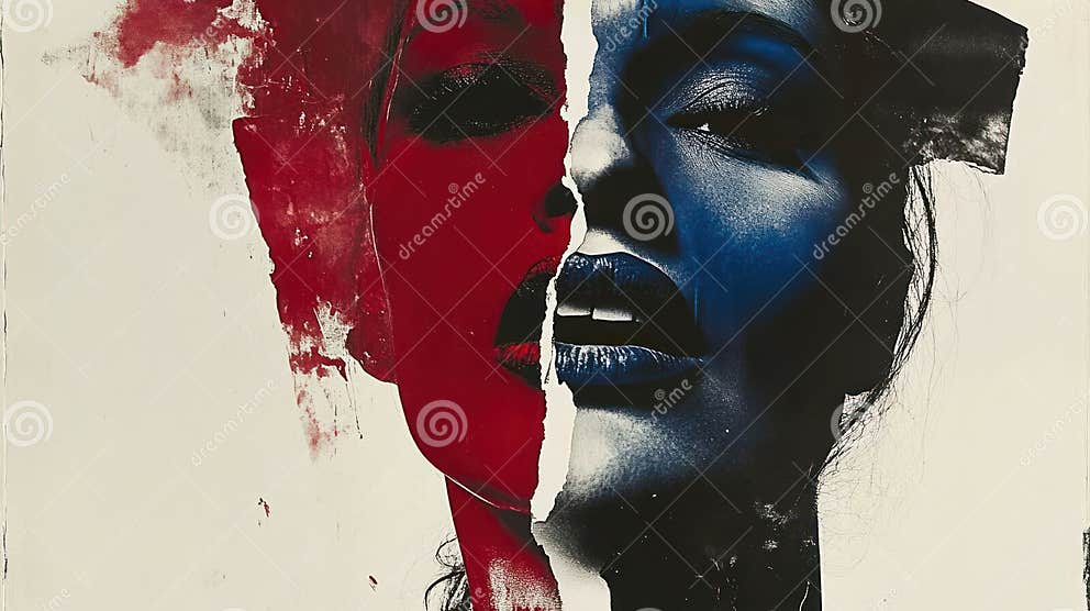 A Striking Artwork Featuring a Split Face in Red and Blue Tones ...