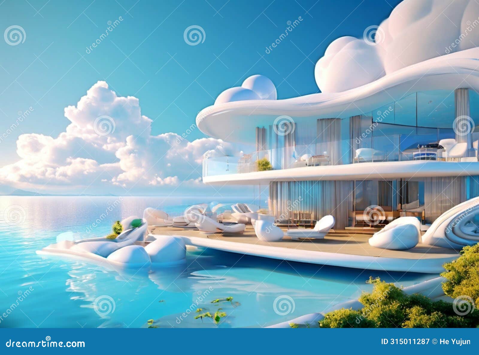 A Striking Blue Wave-shaped Building Stands by the Sea Stock ...