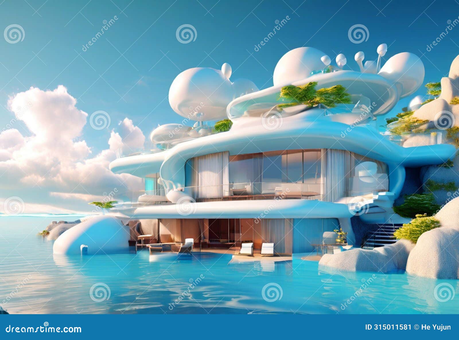 A Striking Blue Wave-shaped Building Stands by the Sea Stock ...