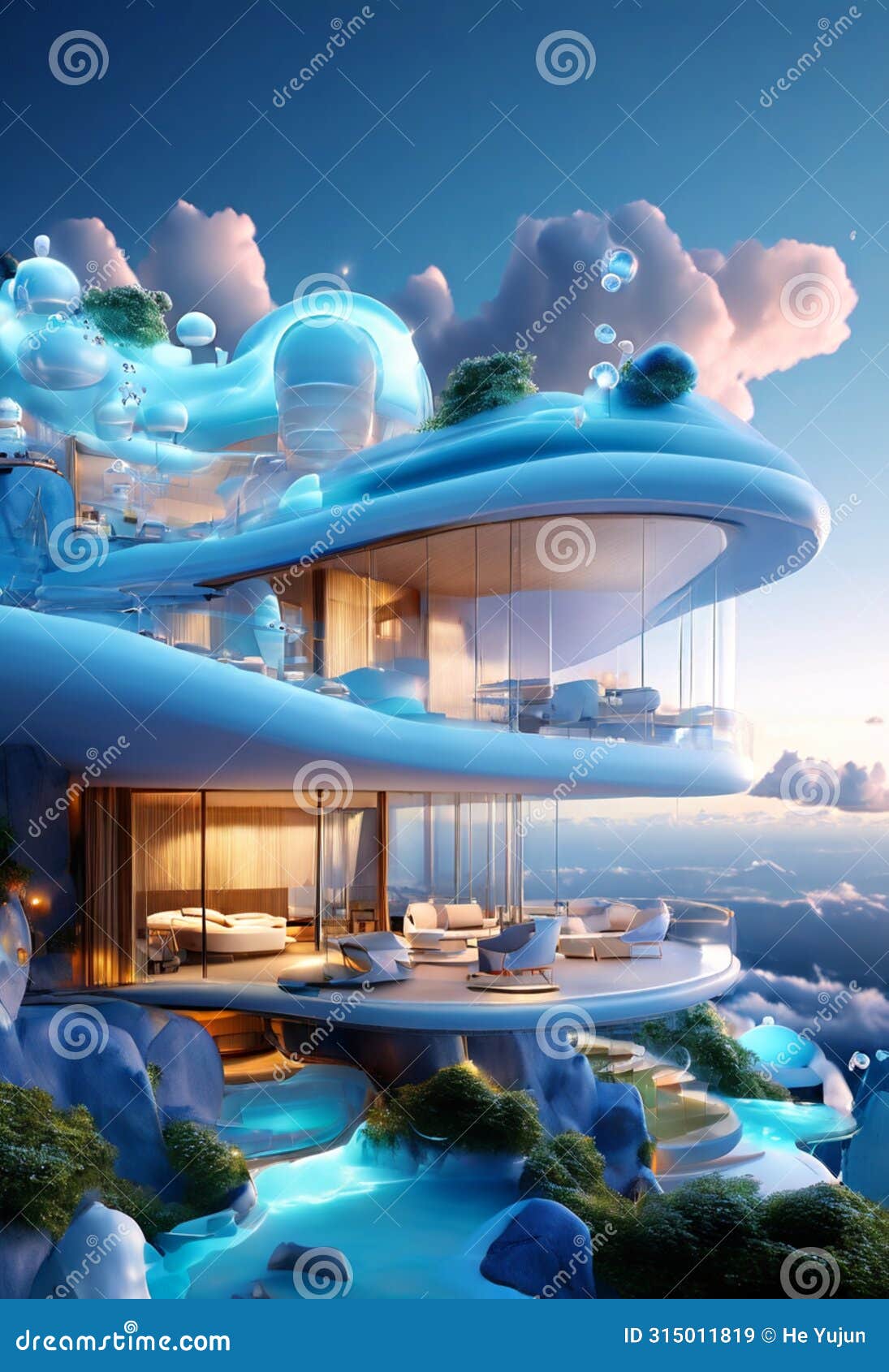 A Striking Blue Wave-shaped Building Stands by the Sea Stock ...