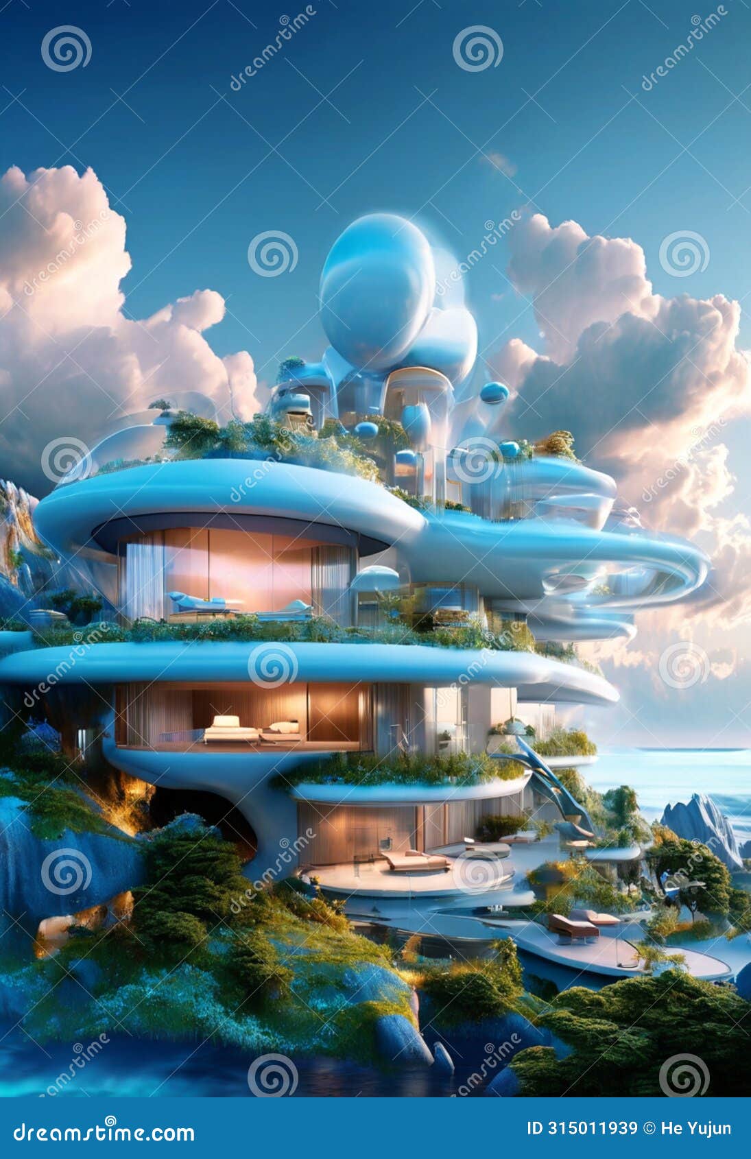 A Striking Blue Wave-shaped Building Stands by the Sea Stock ...