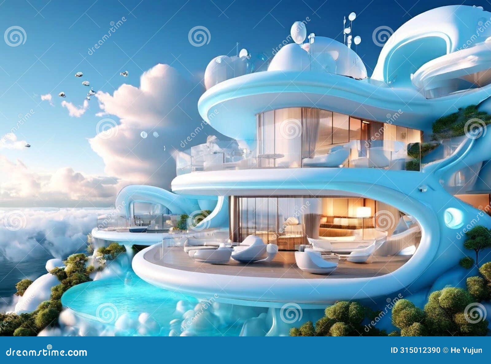 A Striking Blue Wave-shaped Building Stands by the Sea Stock ...