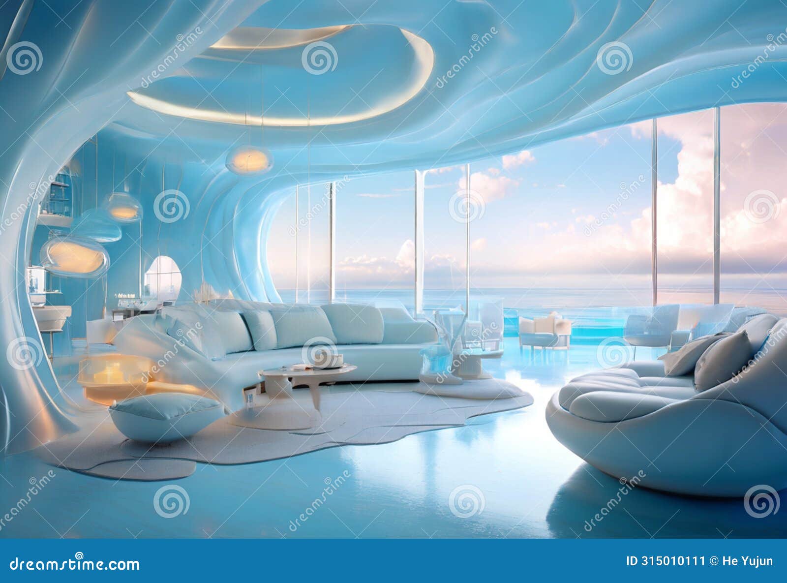 A Striking Blue Wave-shaped Building Stands by the Sea Stock ...