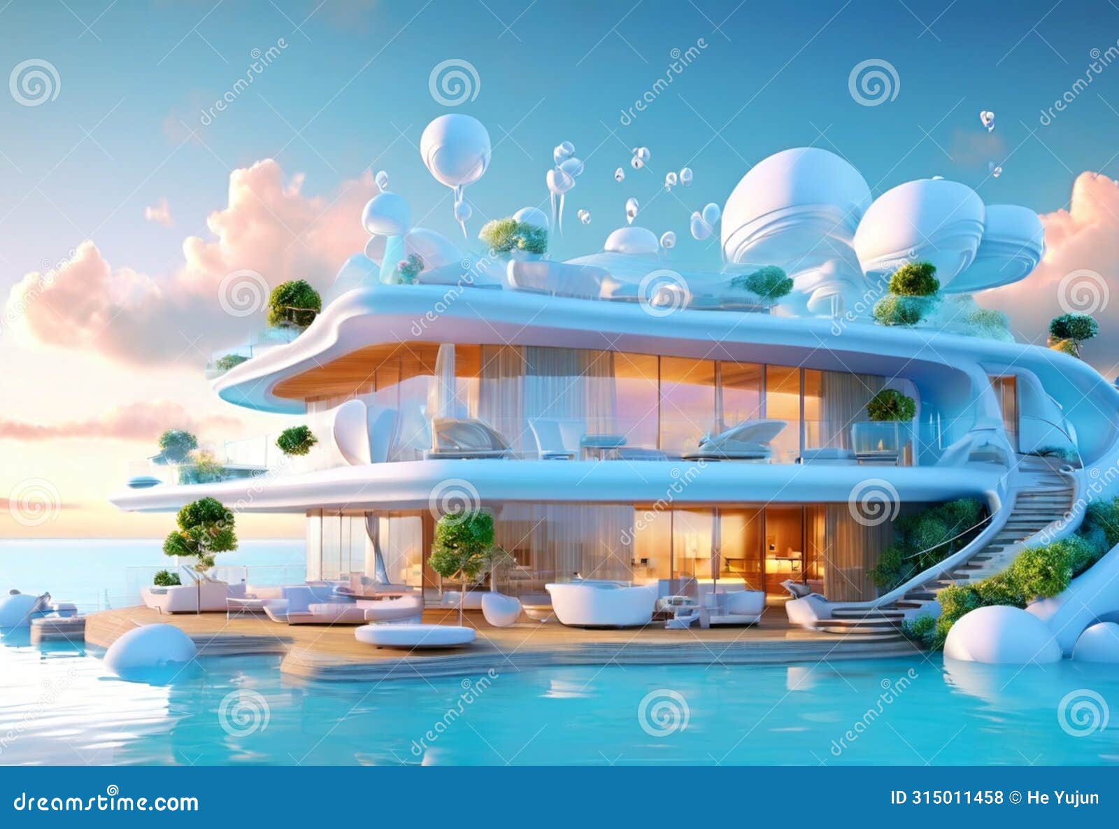 A Striking Blue Wave-shaped Building Stands by the Sea Stock ...