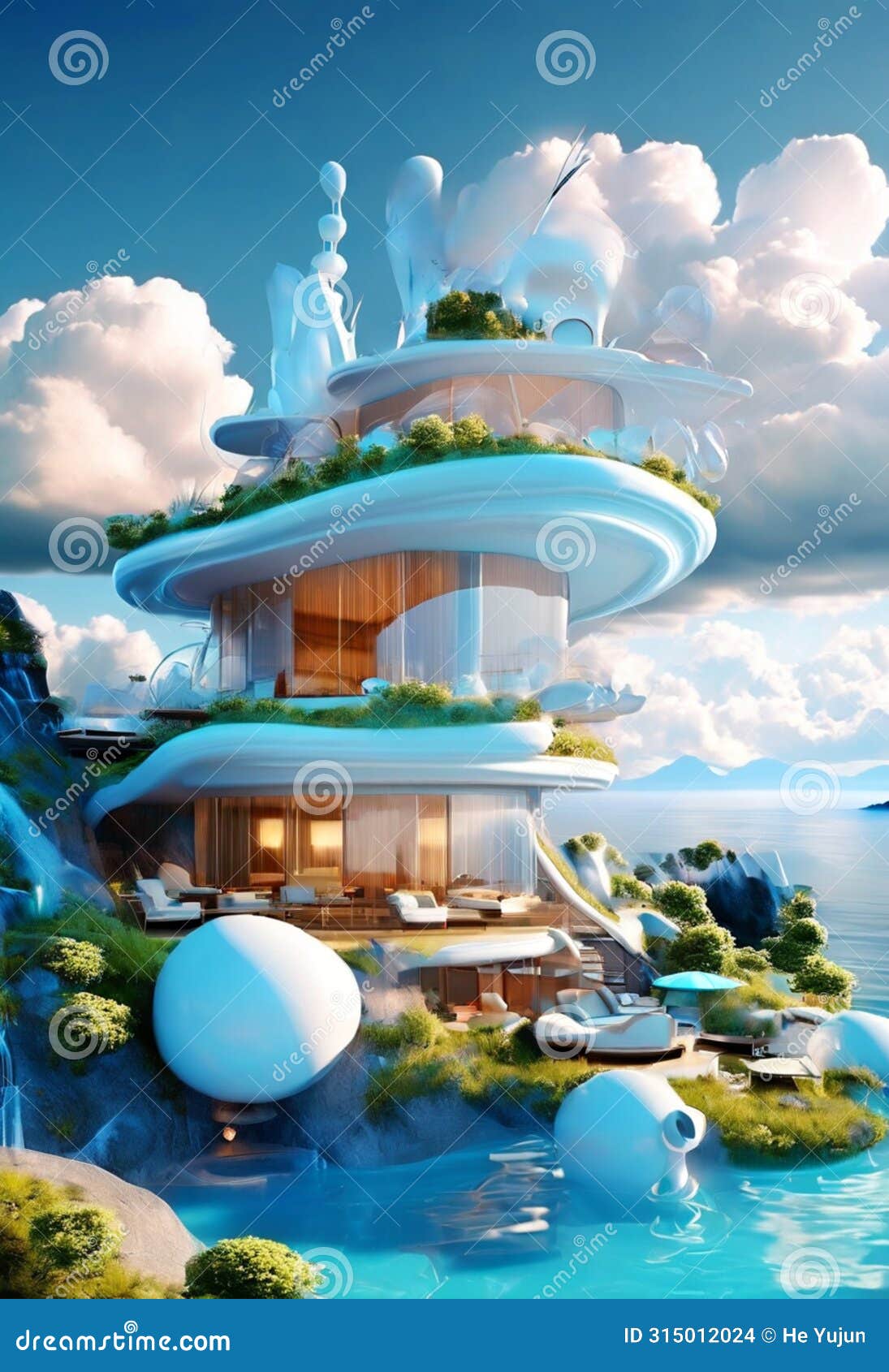 A Striking Blue Wave-shaped Building Stands by the Sea Stock ...