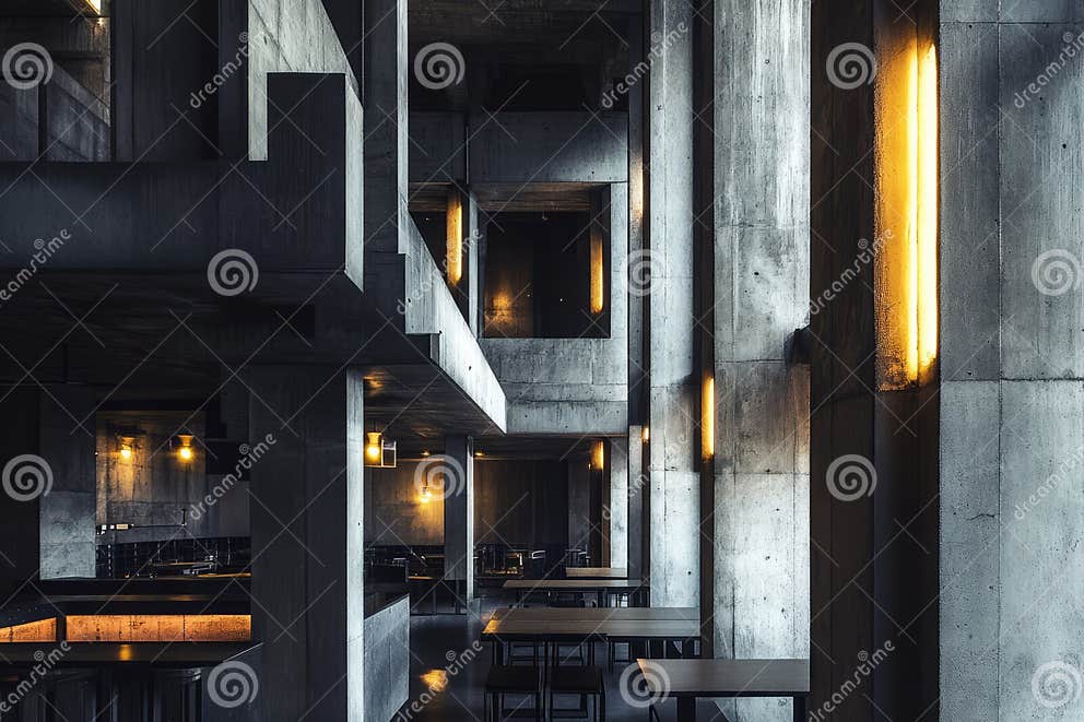 A Striking Brutalist Interior Space with Enormous Raw Concrete Pillars ...