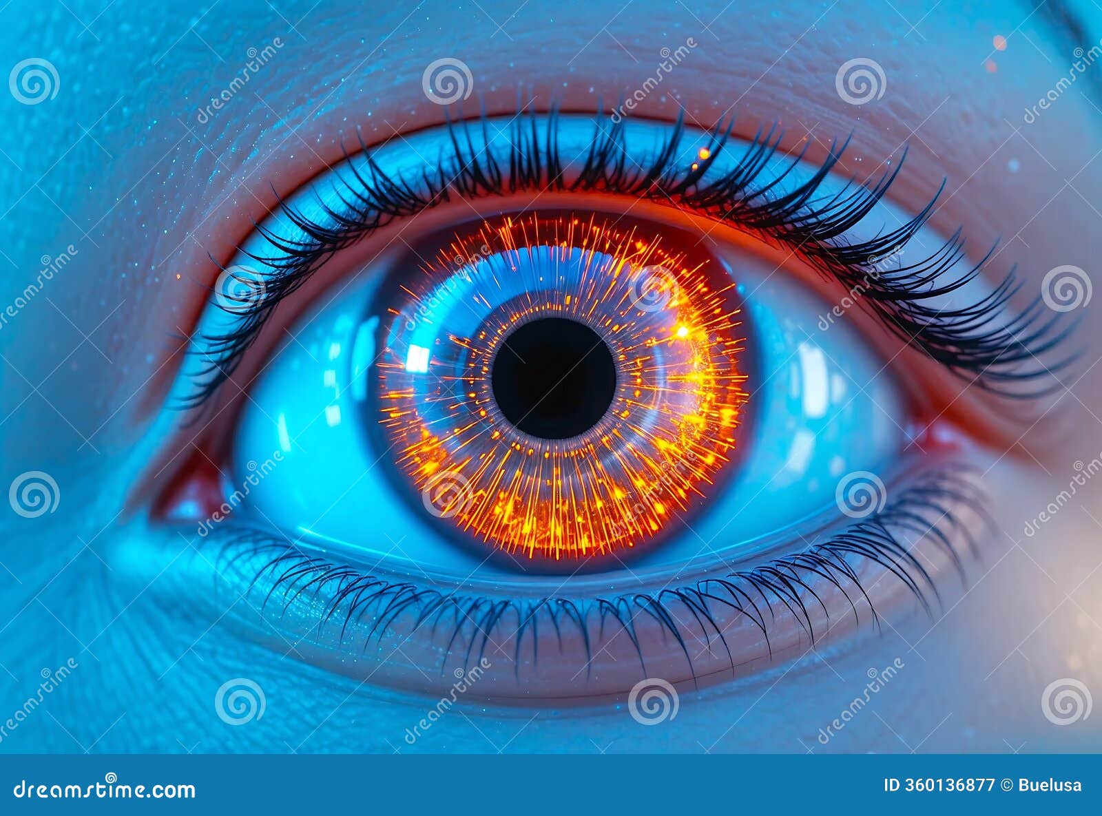 Close-up of a Human Eye with Vibrant Blue and Orange Digital Effects ...