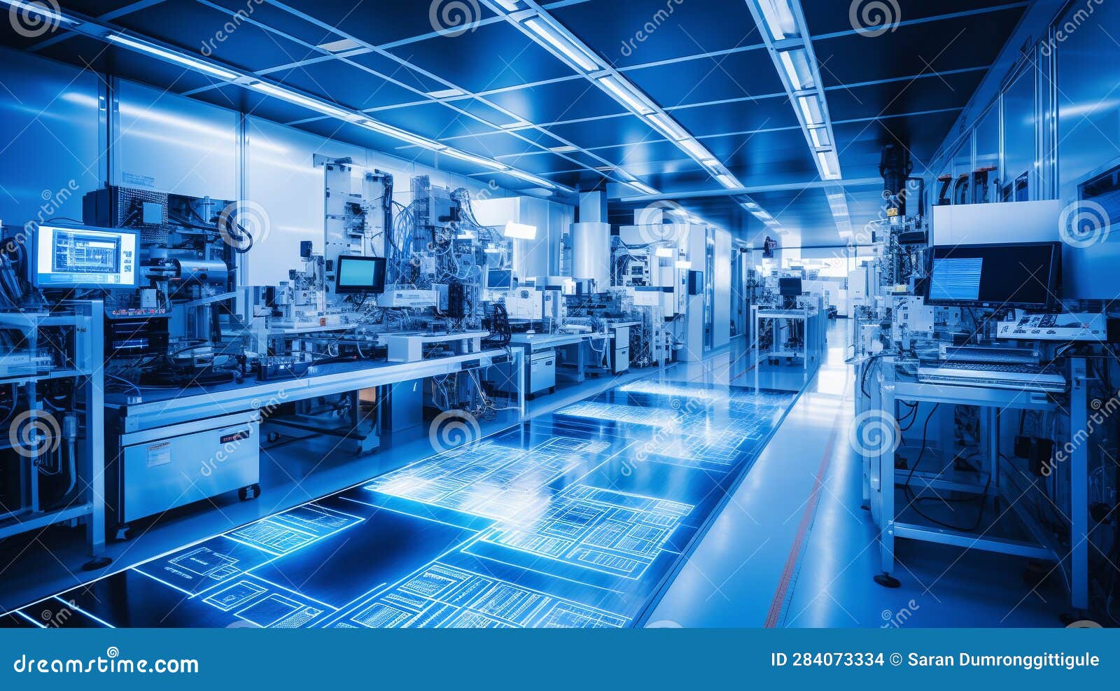 Clean-room Environment in a Microchip Production Under Blue Light Stock ...