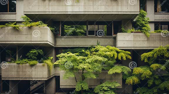 A Striking Contrast between Brutalist Forms and Nature Stock ...