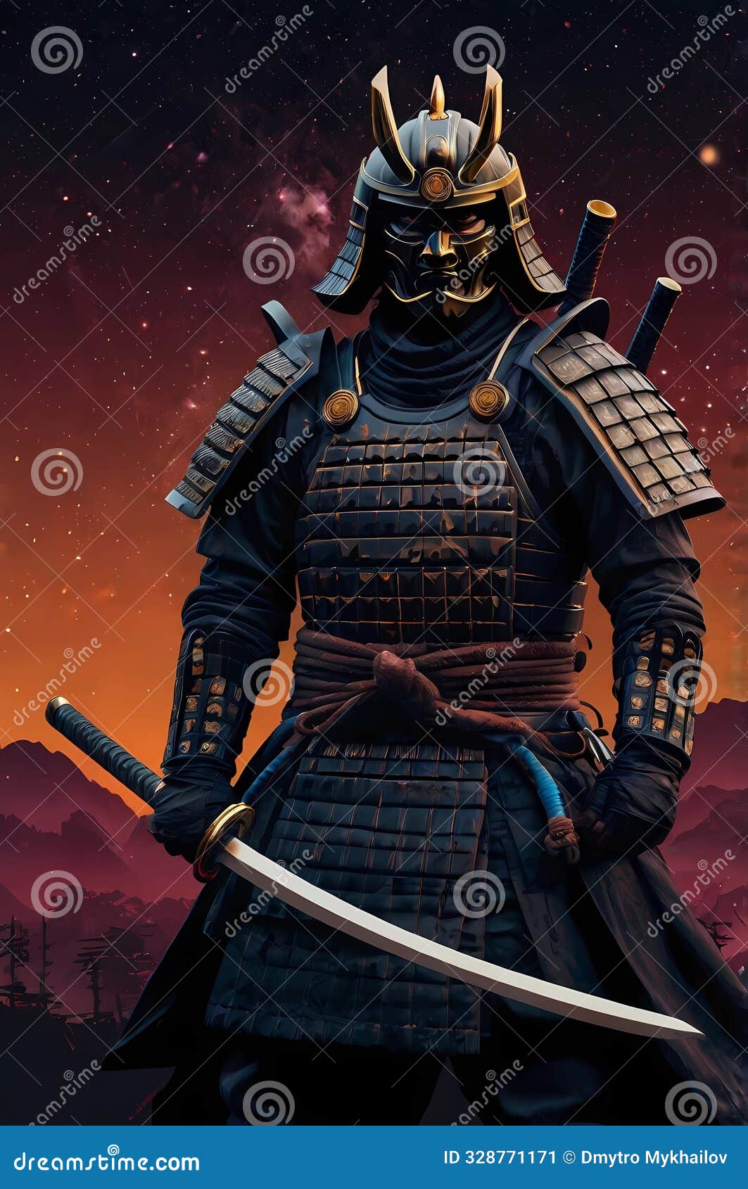 Samurai Under the Moonlight Stock Illustration - Illustration of ...