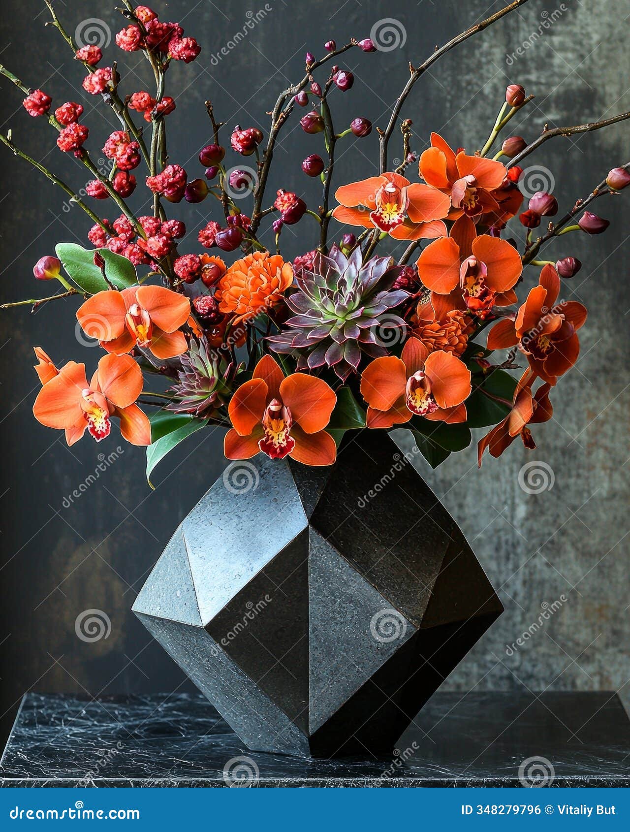 Striking Floral Composition Showcases Vibrant Orange Orchids and Roses ...