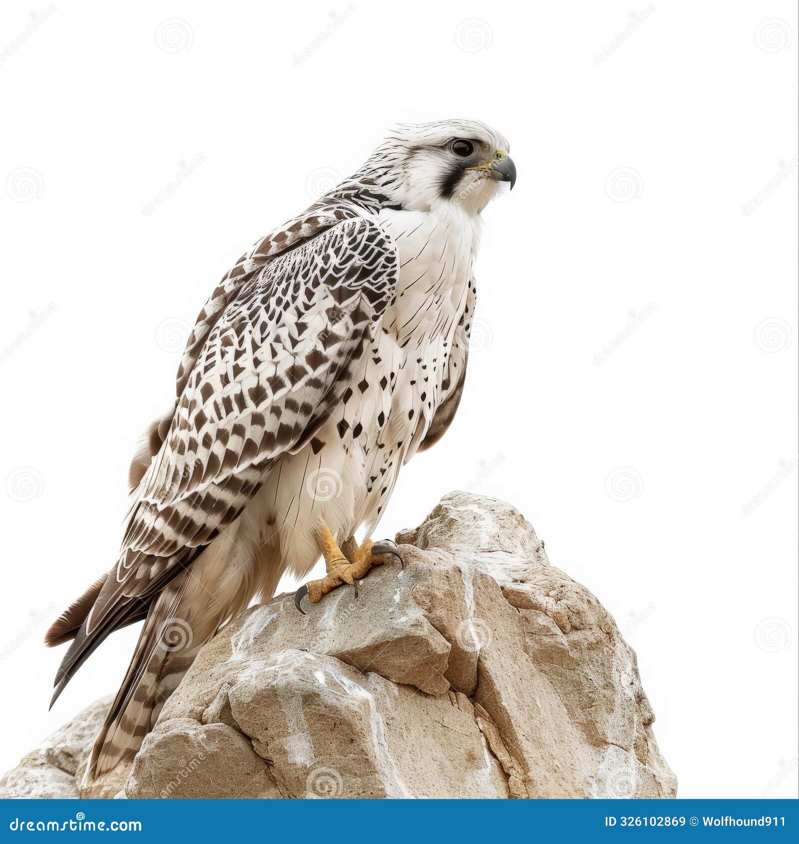 A Striking Gyrfalcon Perched on a Rocky Ledge, Its Feathers Ruffled by ...