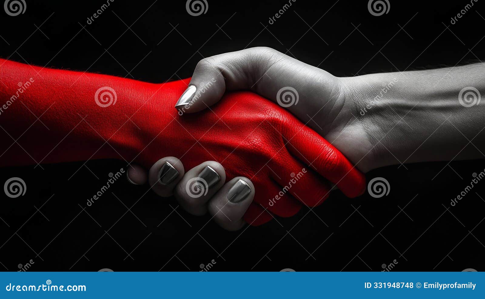 A Striking Handshake between a Red-painted Hand and Monochrome Hand ...