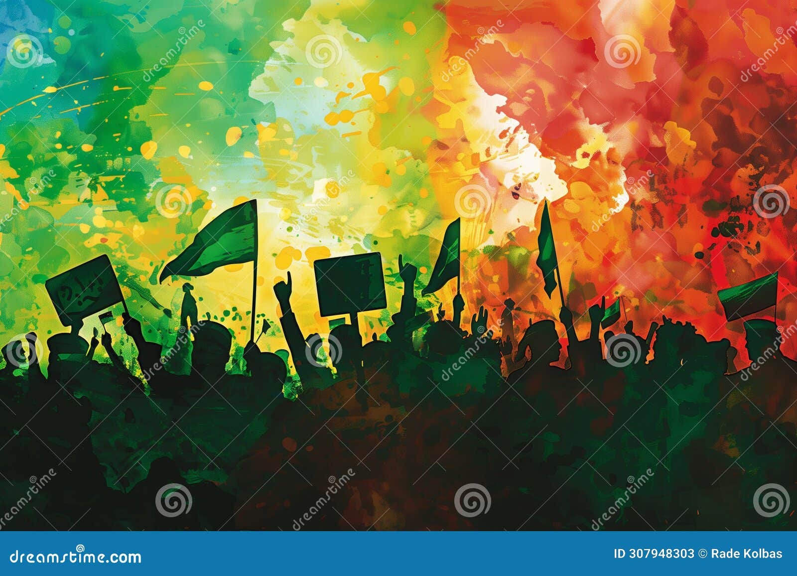 Silhouetted Crowd with Banners at a Protest - Vibrant Illustration ...