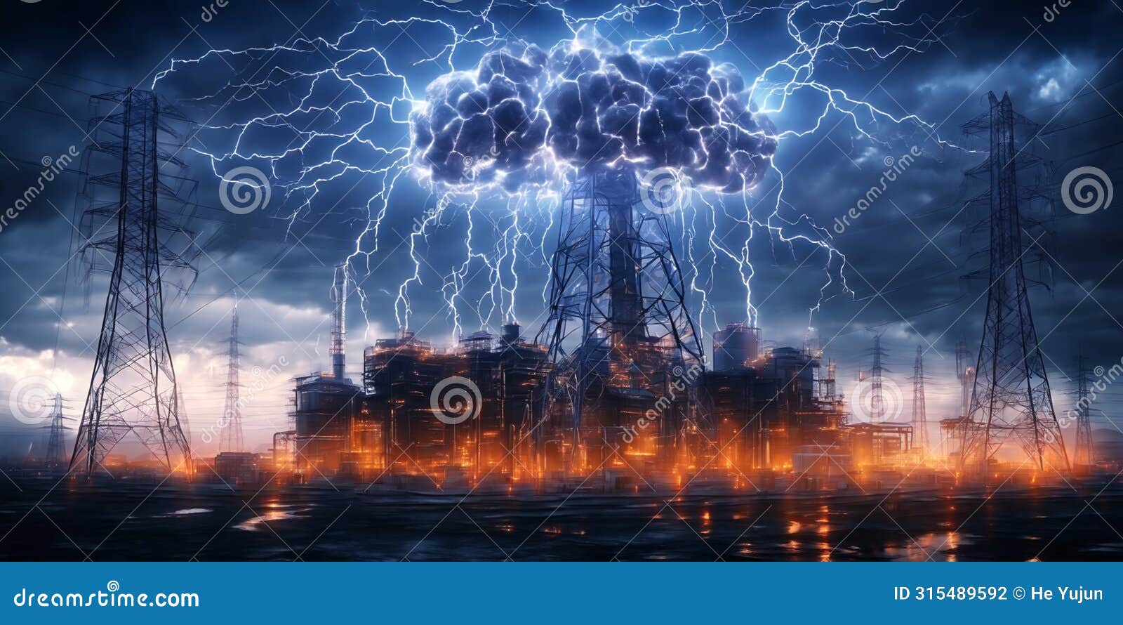 Apocalyptic Brainstorm: Towering Flames and Electrical Fury Stock ...
